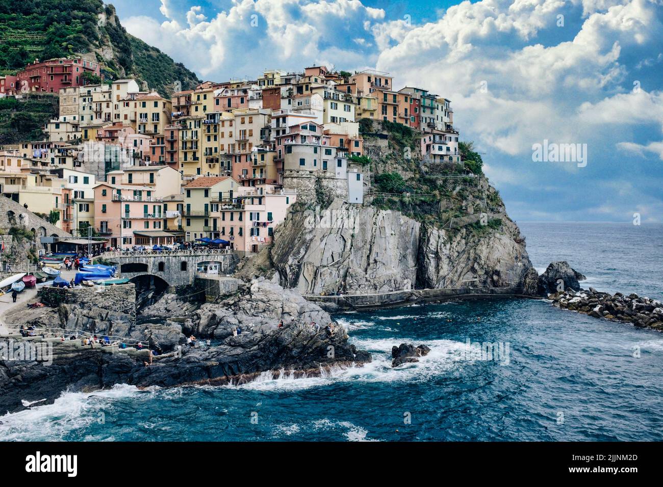 A scenic view of the cliffside village of Manarola on the Cinque Terre ...