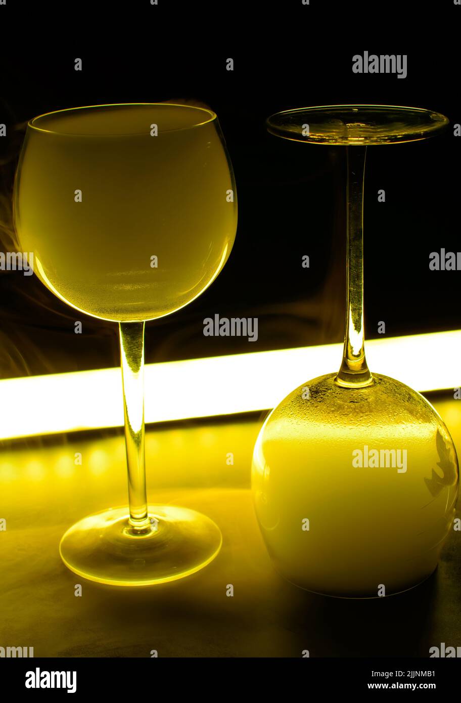 Martini cocktails covered with a smoke in a neon yellow light on a ...