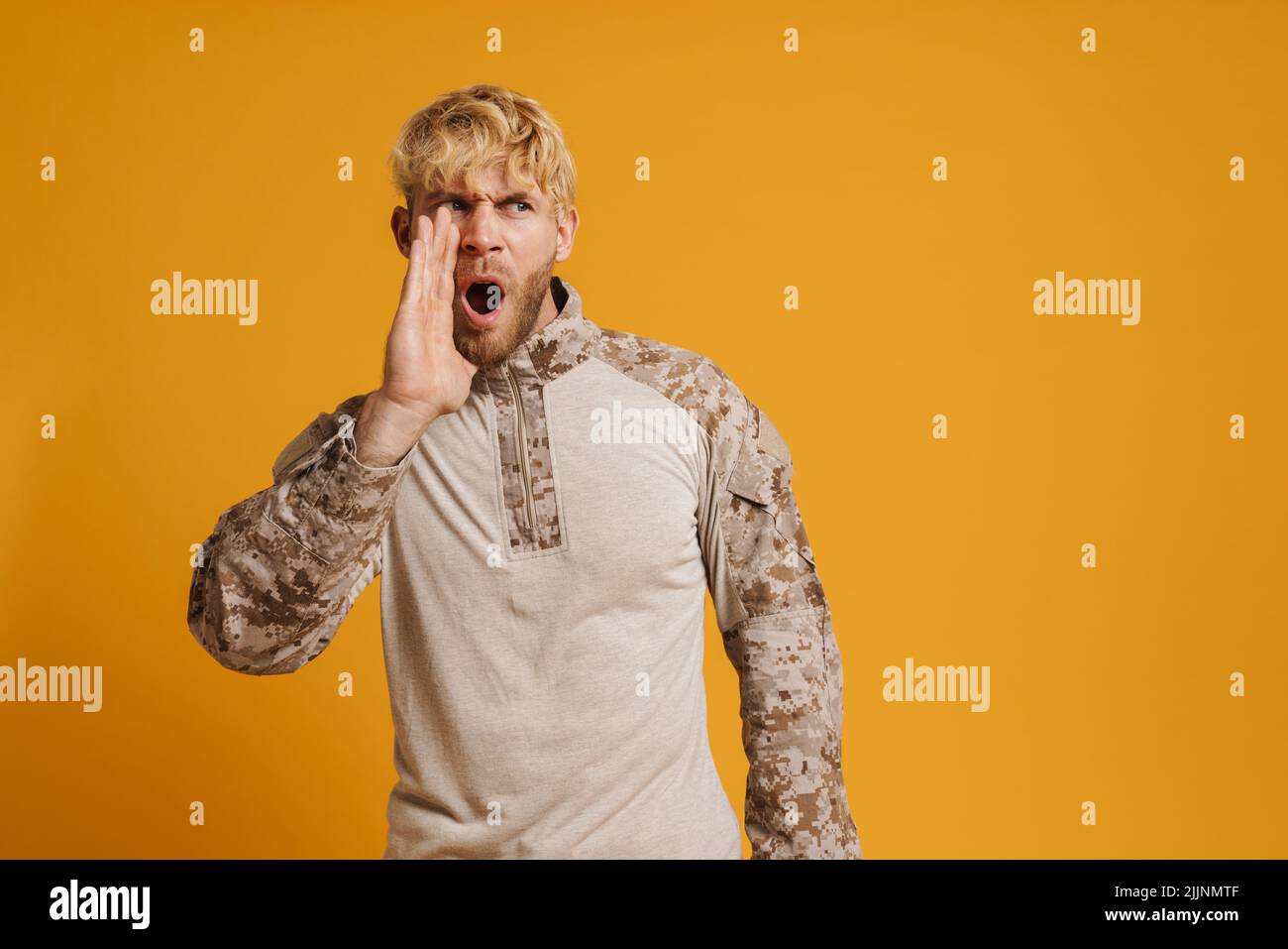 White military man wearing uniform gesturing and screaming isolated ...