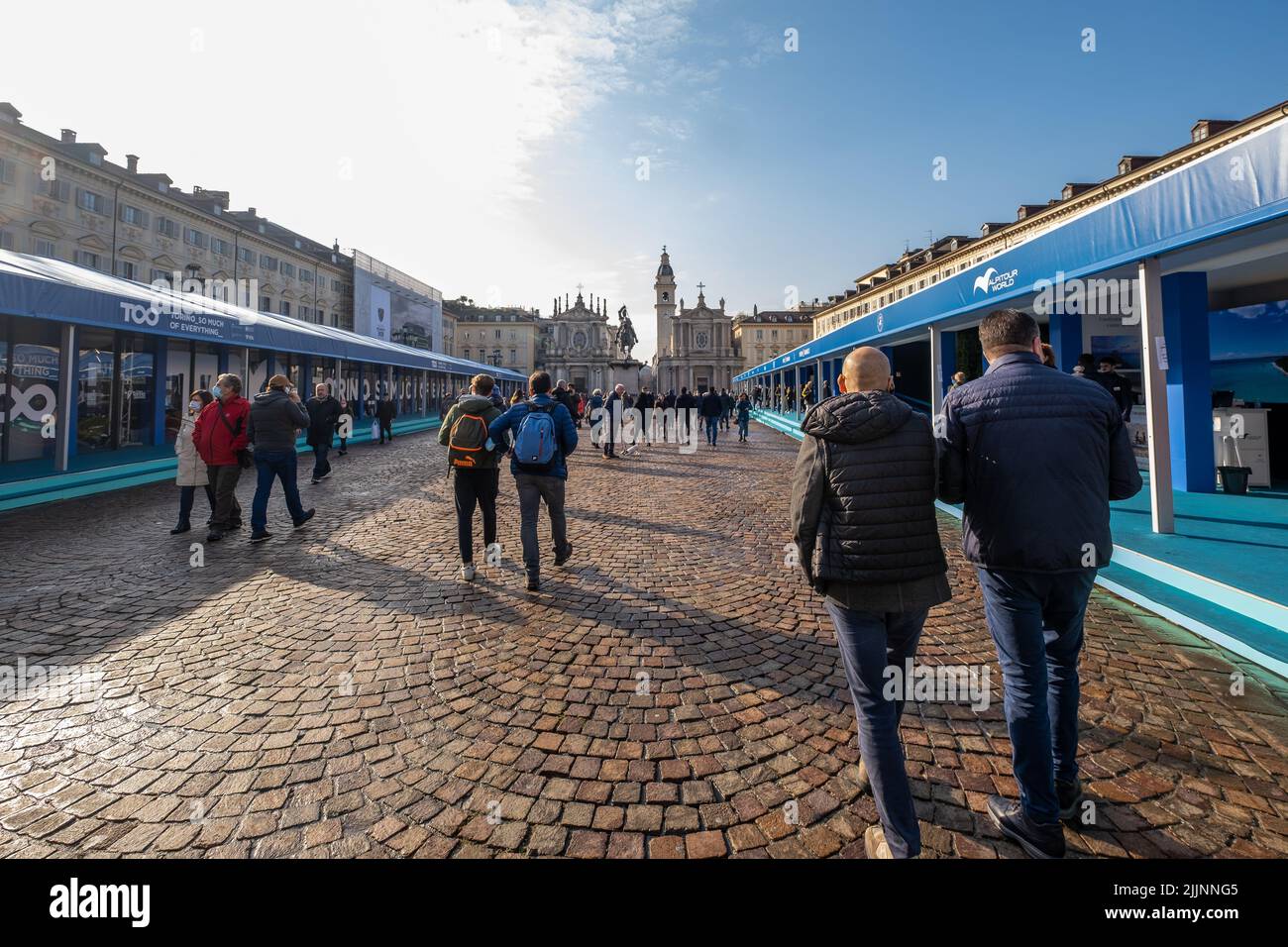 The people walking in the historical Piazza San Carlo square in Turin ...