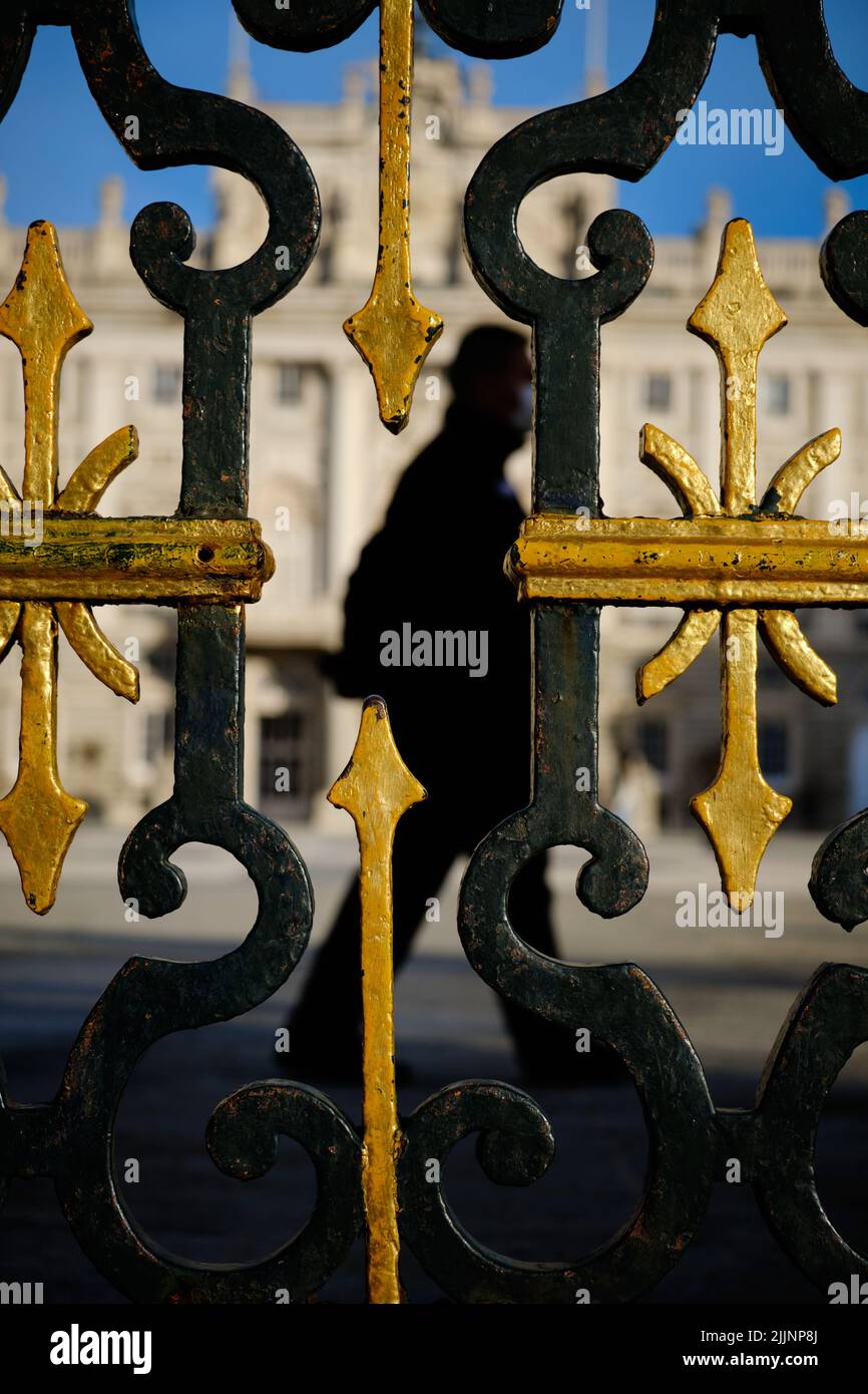 A vertical shot of a silhouette of a person behind a gate near the ...