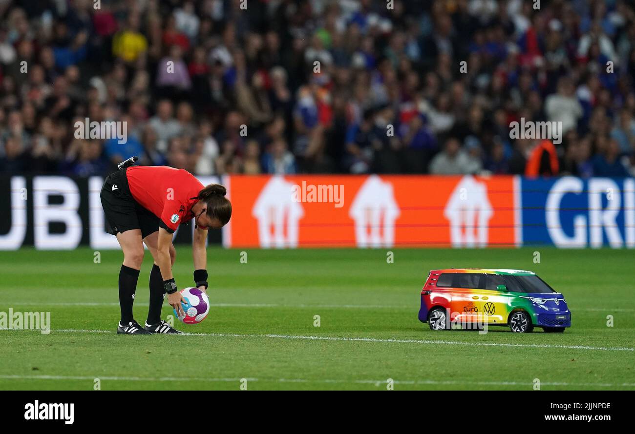 The Tiny Football Car delivers the match ball to referee Cheryl Foster ...
