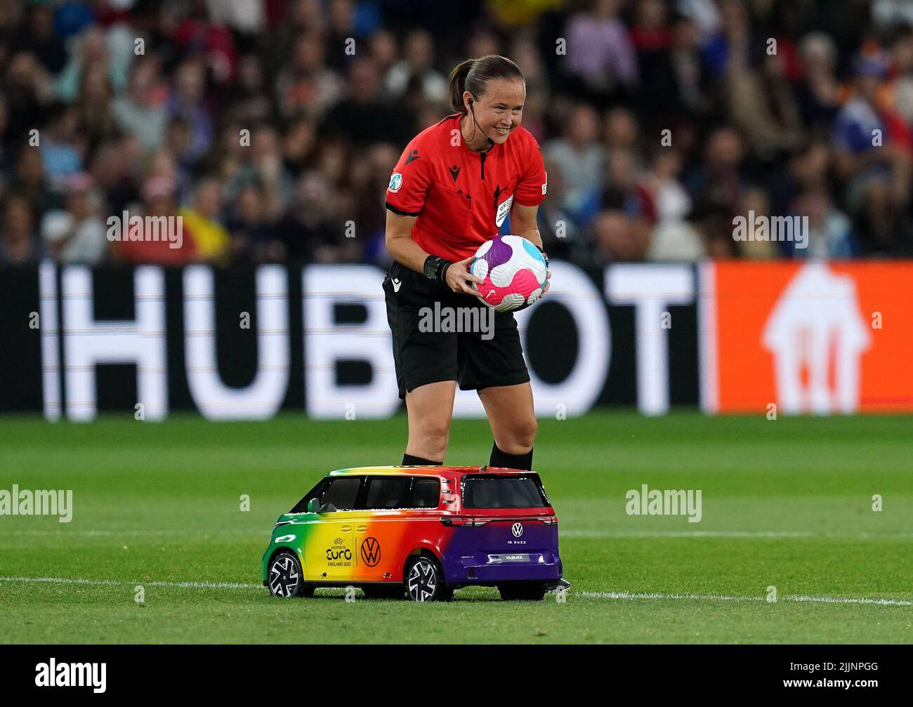 The Tiny Football Car delivers the match ball to referee Cheryl Foster ...