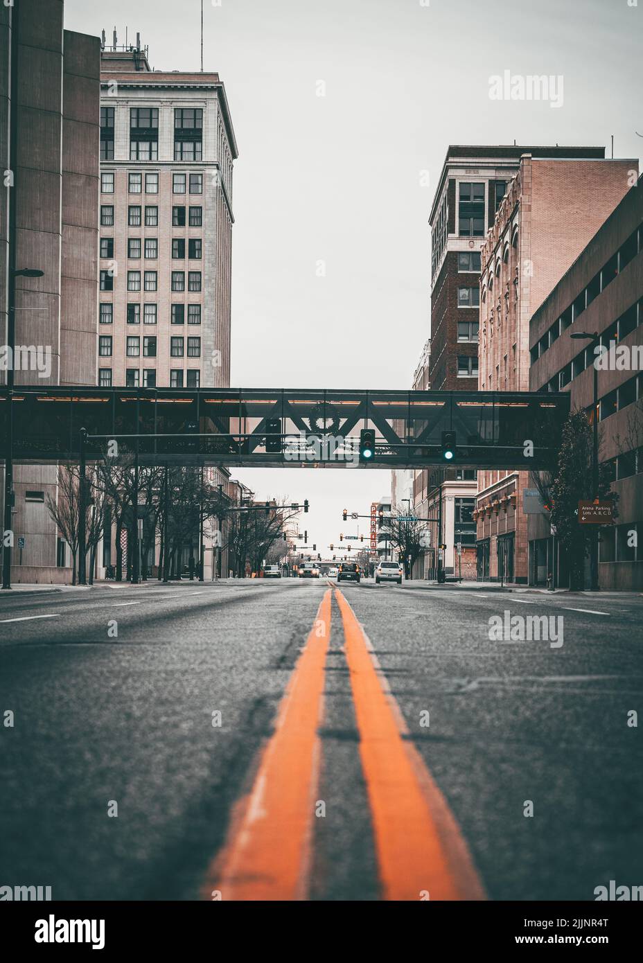 A vertical shot of the bridge connecting the buildings captured from an ...