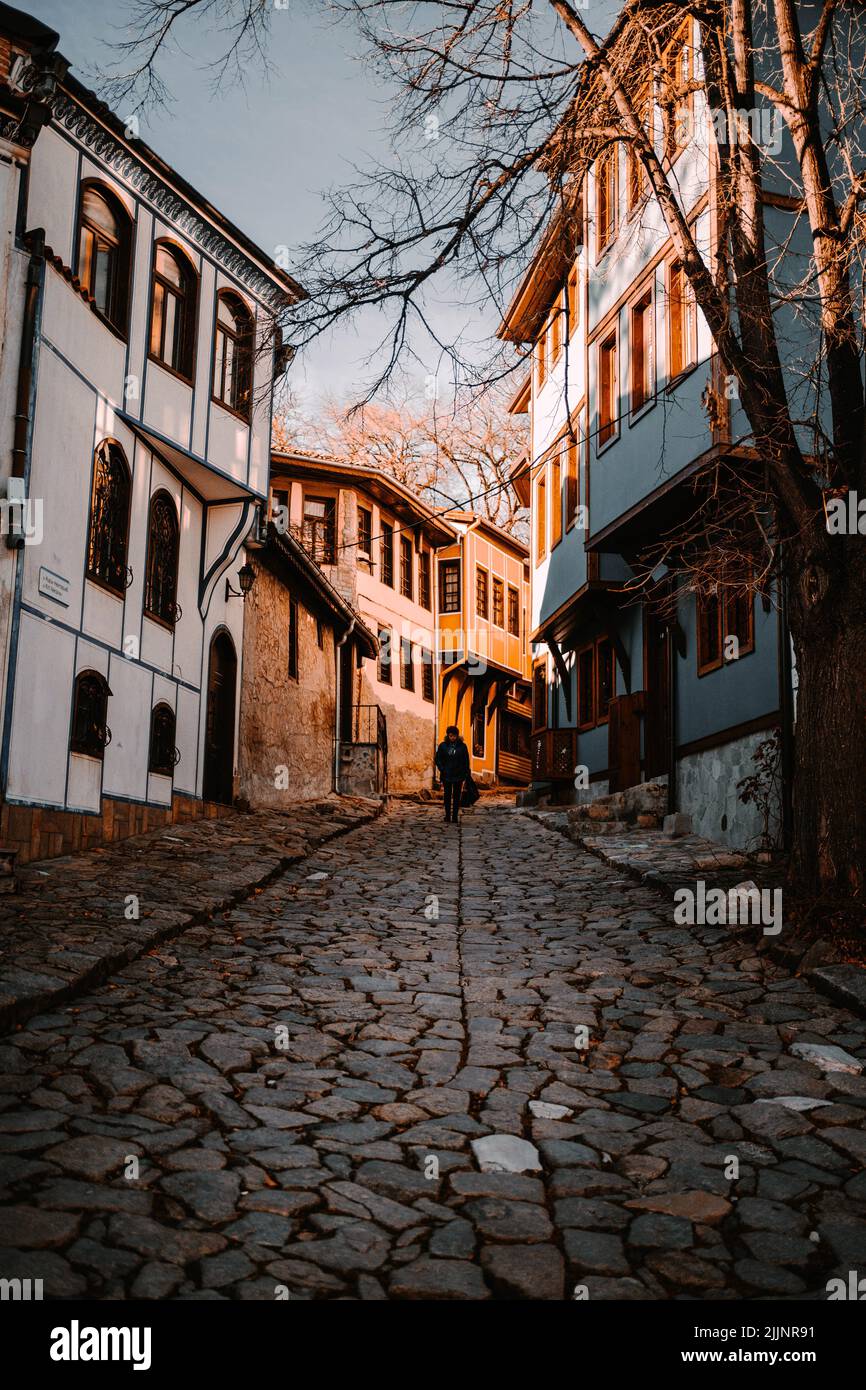 An outdoor view of the old town in Plovdiv, Bulgaria at winter Stock ...