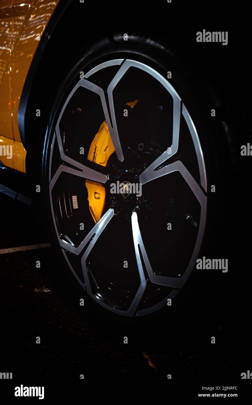 A vertical shot of Lamborghini Urus of alloy wheel and disc brake Stock ...