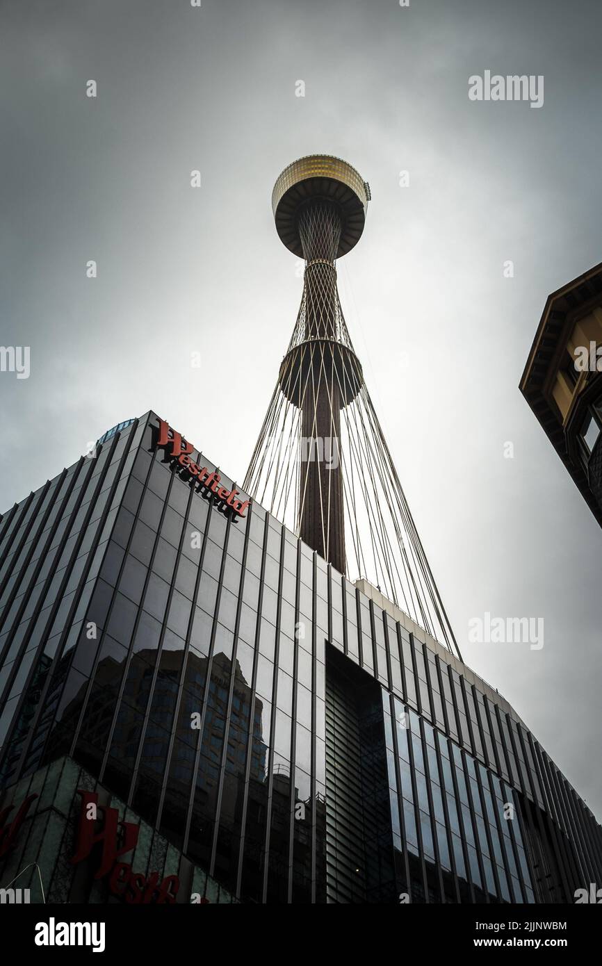 A low angle shot of the Sydney Tower Eye in Sydney, Australia against a ...