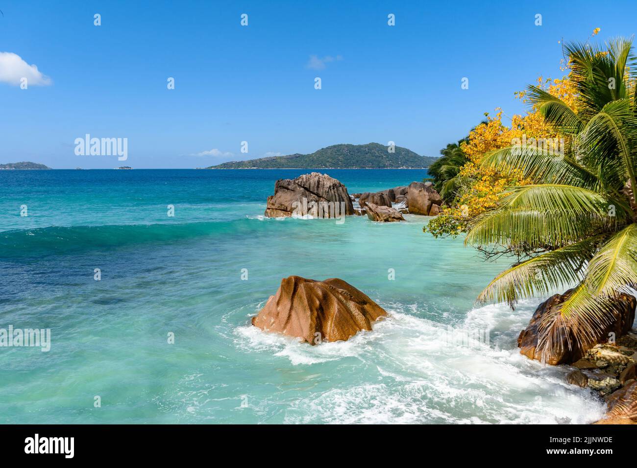 Stunning nature on paradise tropical island with green palm trees and ...