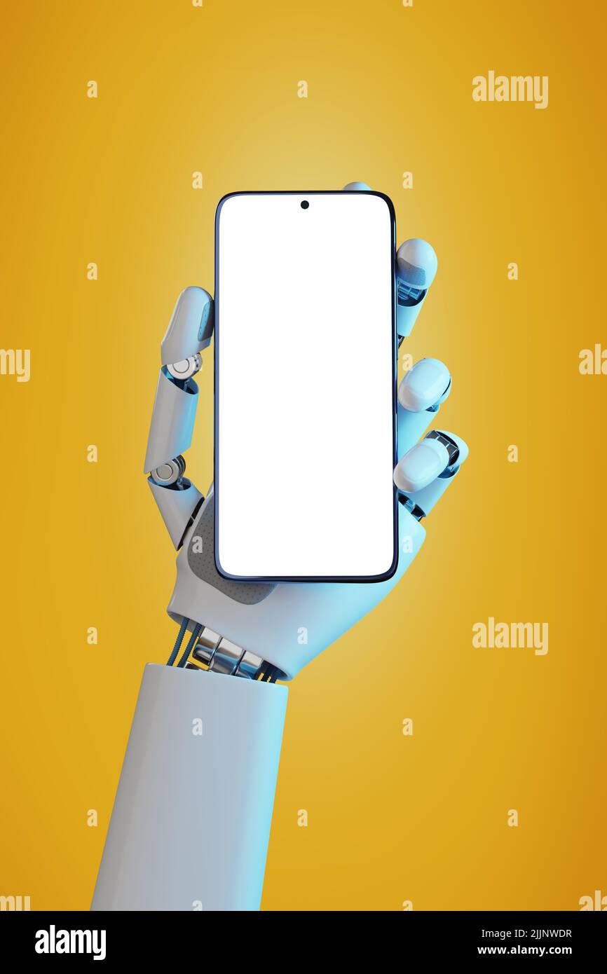 Robotic hand holding a mobile phone with a blank isolated on yellow ...