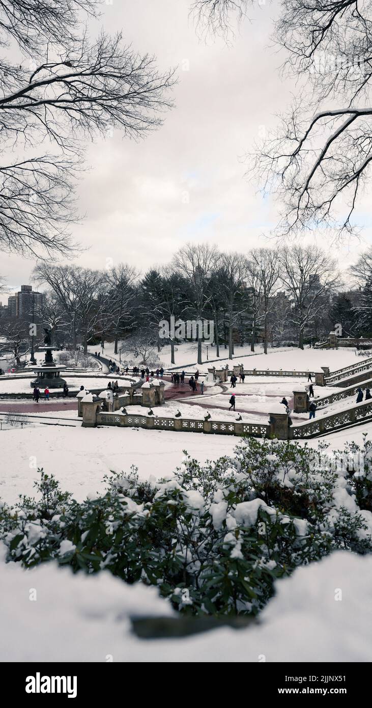 A vertical shot of people walking in the park on cold snowy day Stock ...