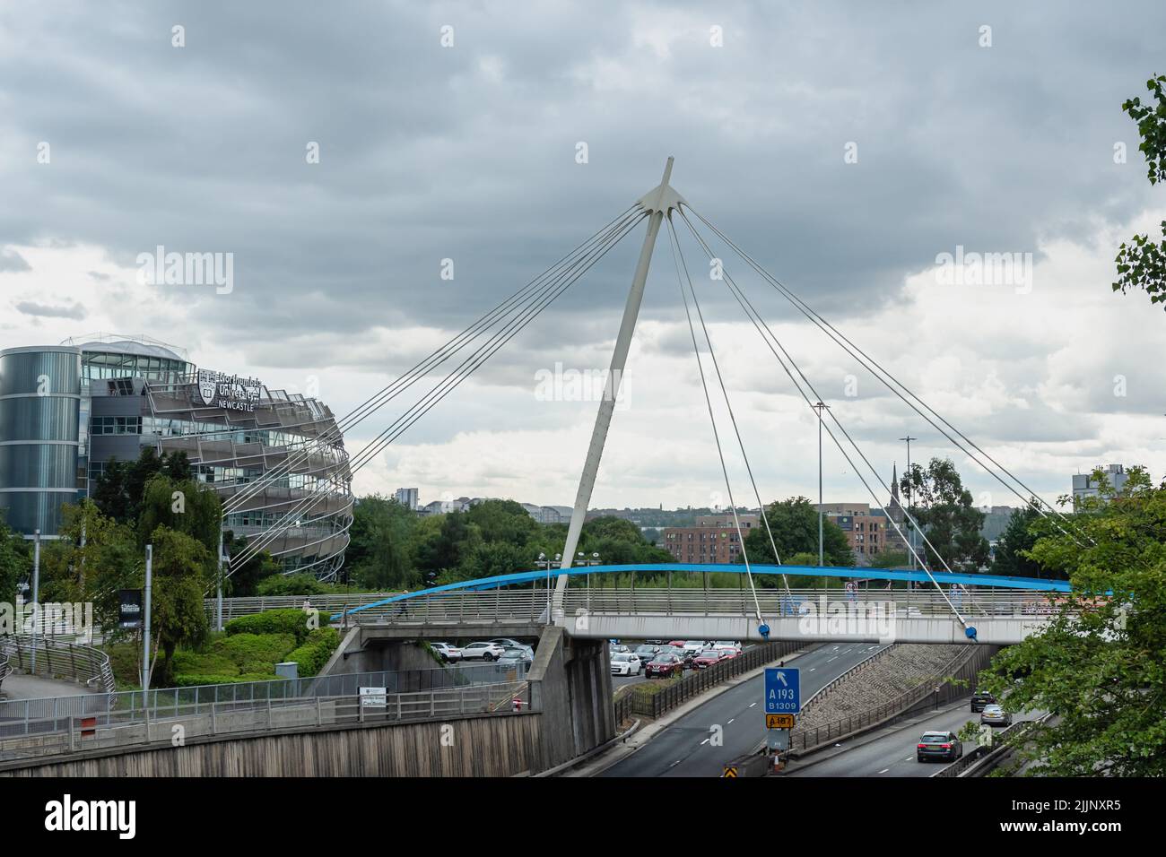 Northumbria University footbridge crossing the Central motorway in the ...
