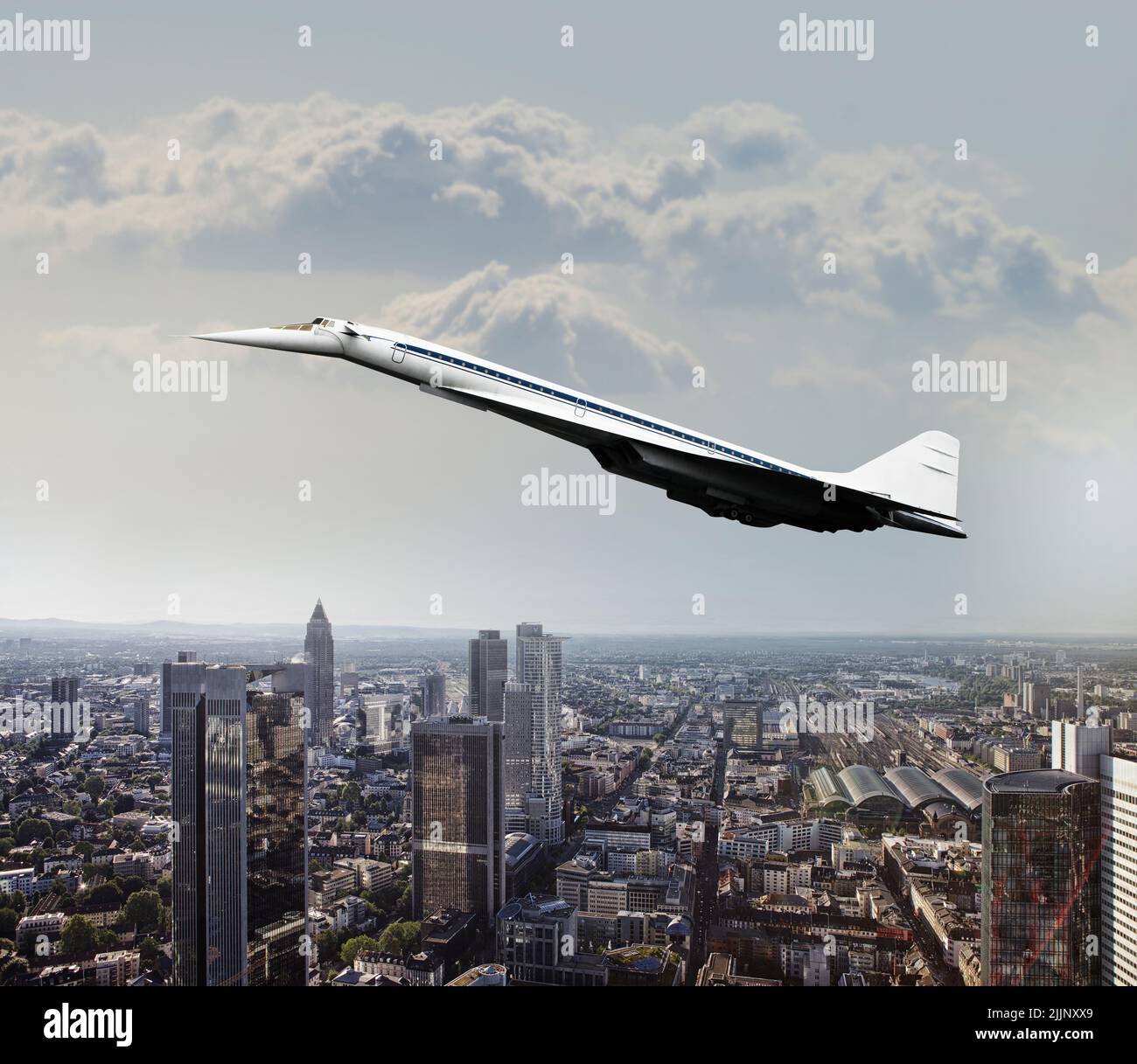 A concept of a modern large airplane flying over New York city Stock ...