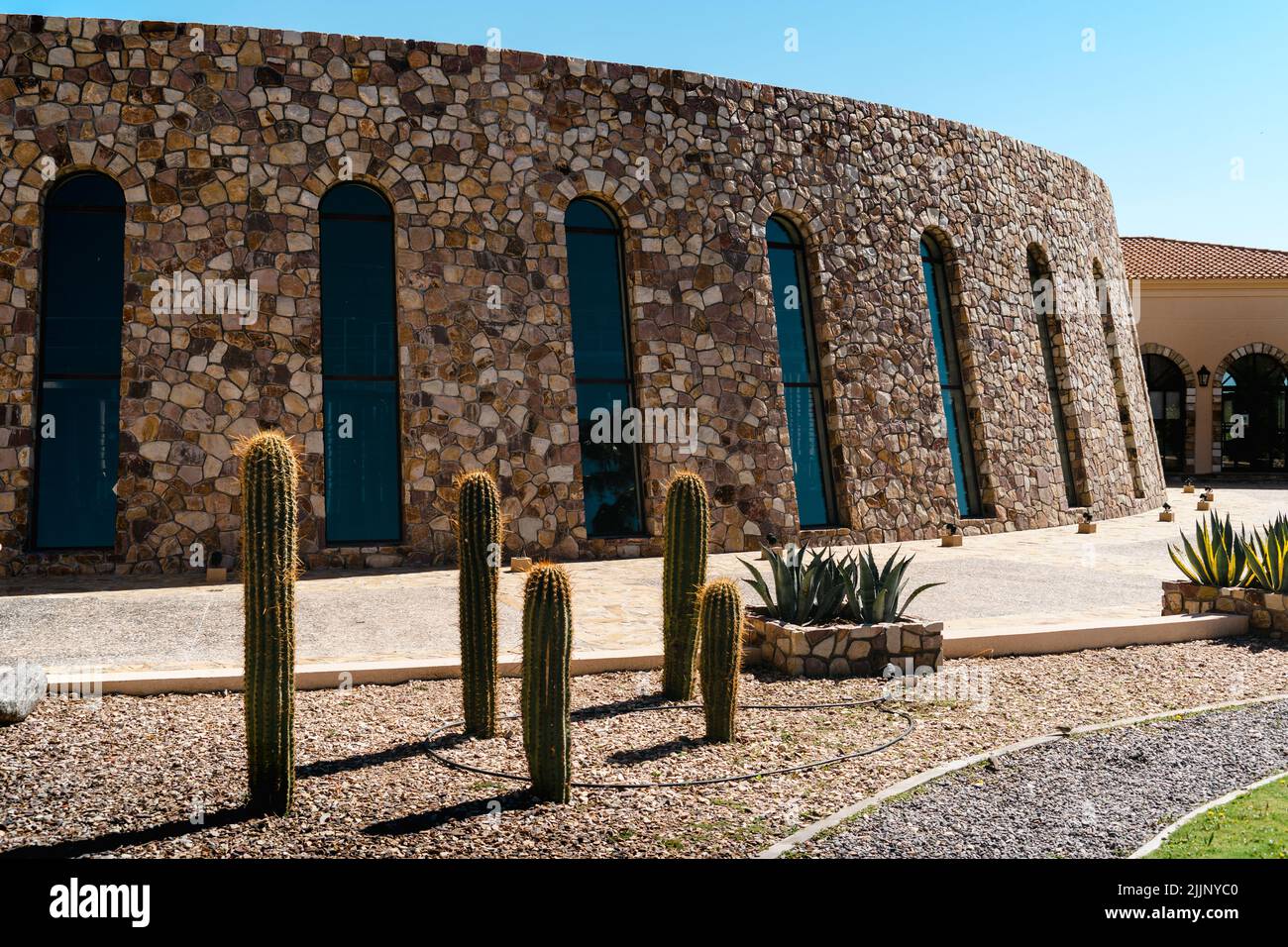 A stone building with cacti growing in the yard Stock Photo - Alamy