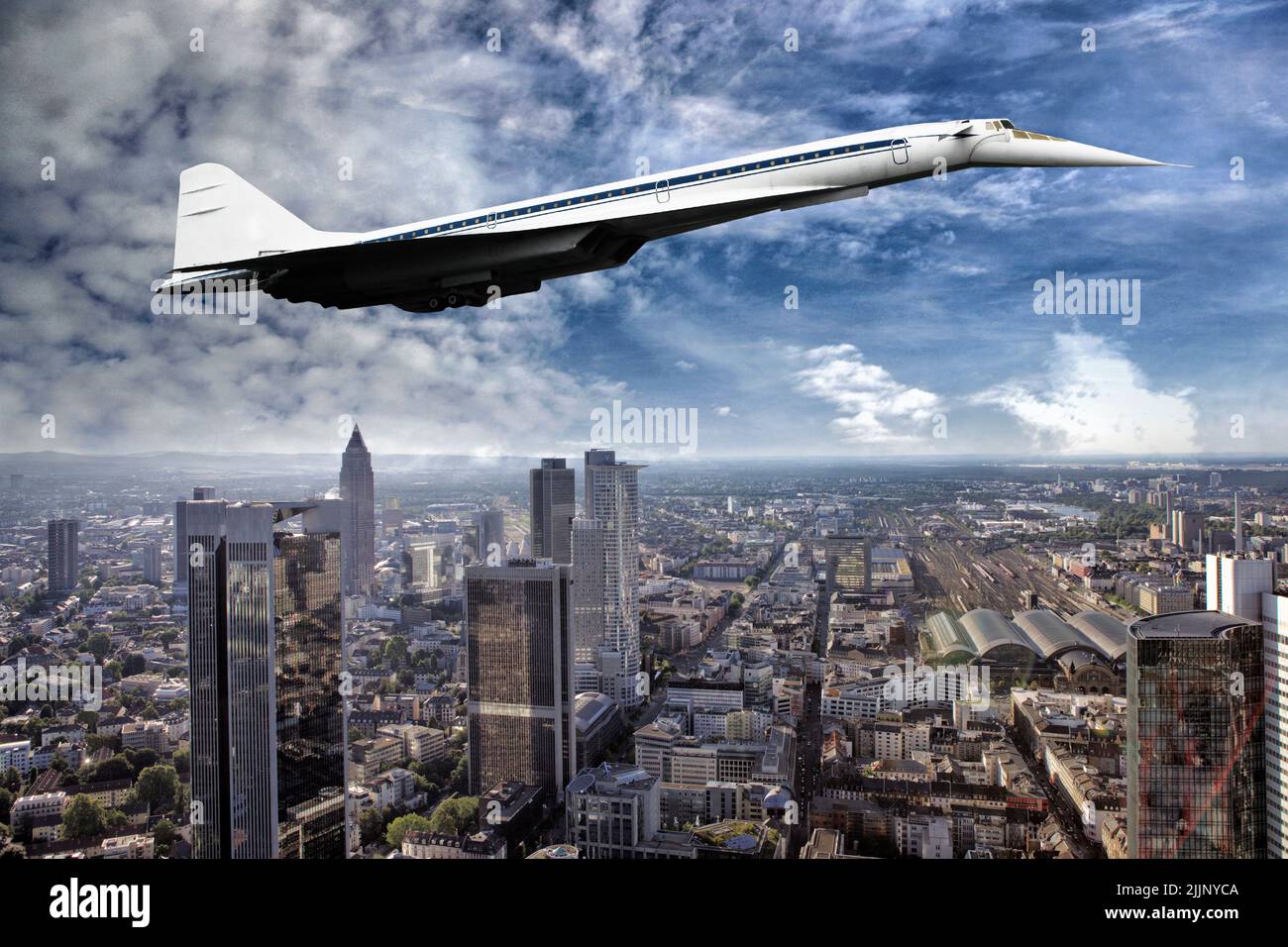 A concept of a modern large airplane flying over New York city Stock ...