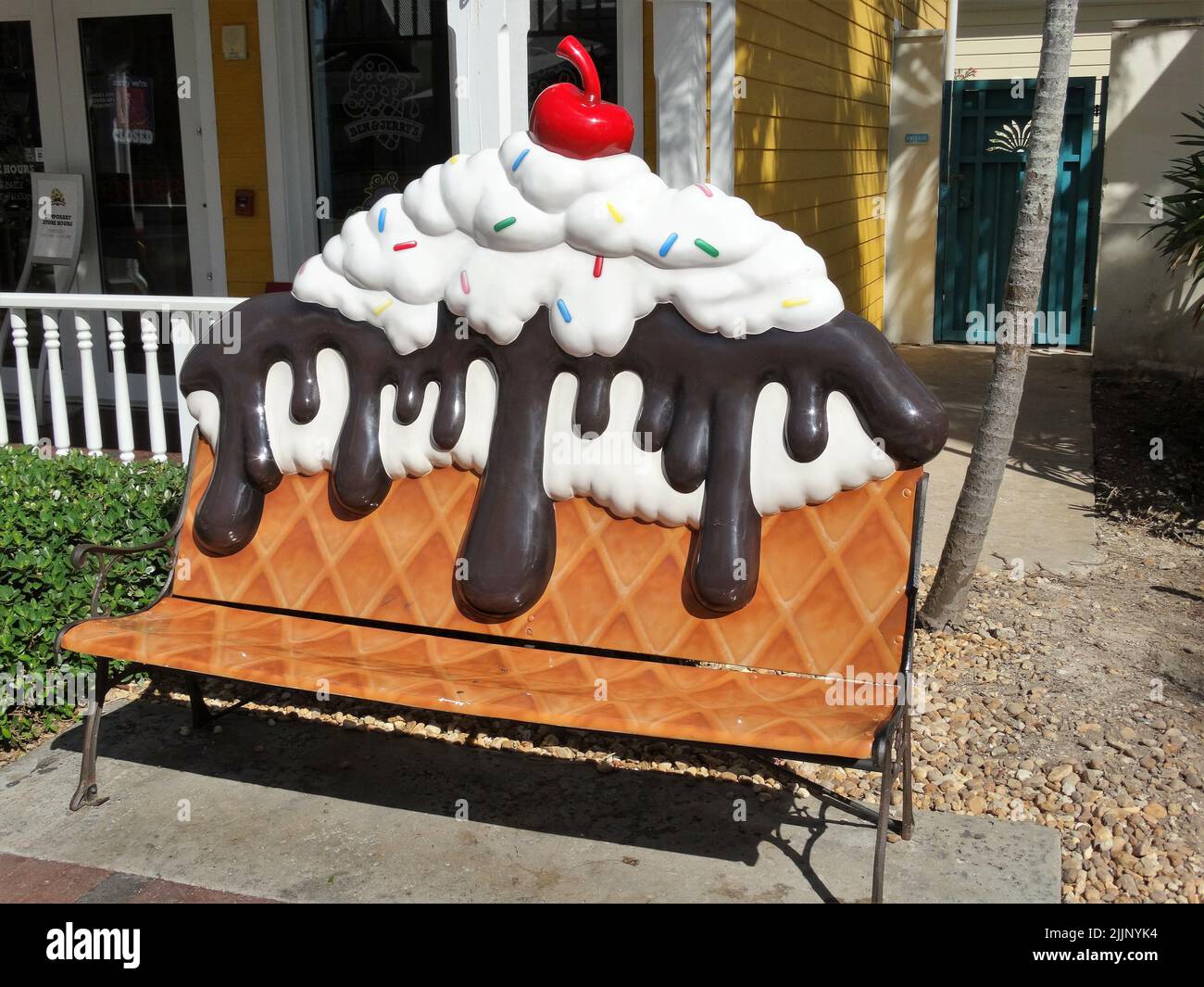 Picture shows a decorated bench in Nassau Bahamas which looks like ice ...