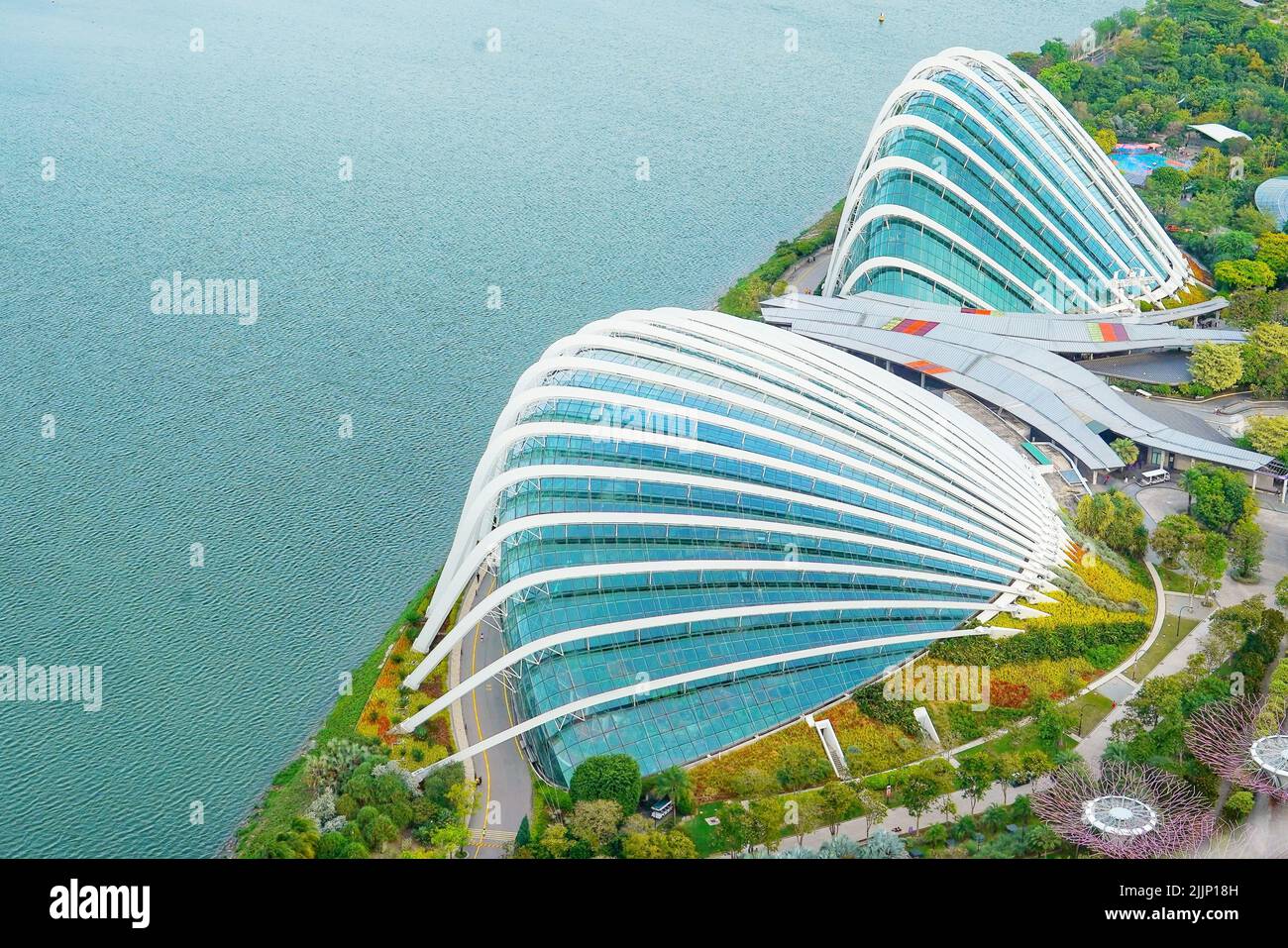 An aerial view of the glass buildings at the Binhai Bay cloud forest ...