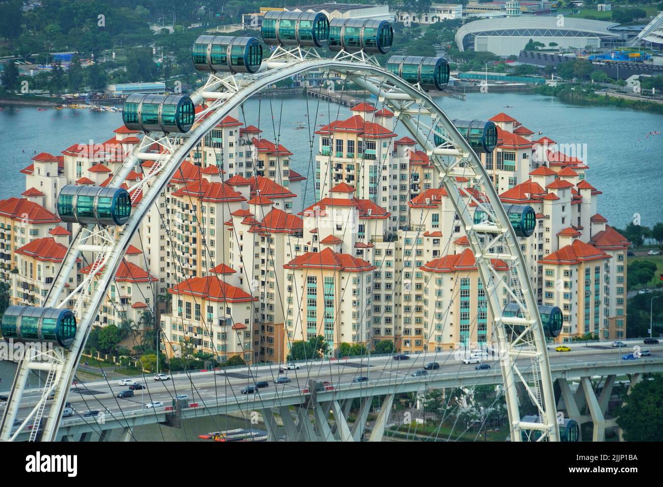 An aerial shot of the big Ferris wheel at the Marina Bay Garden in ...
