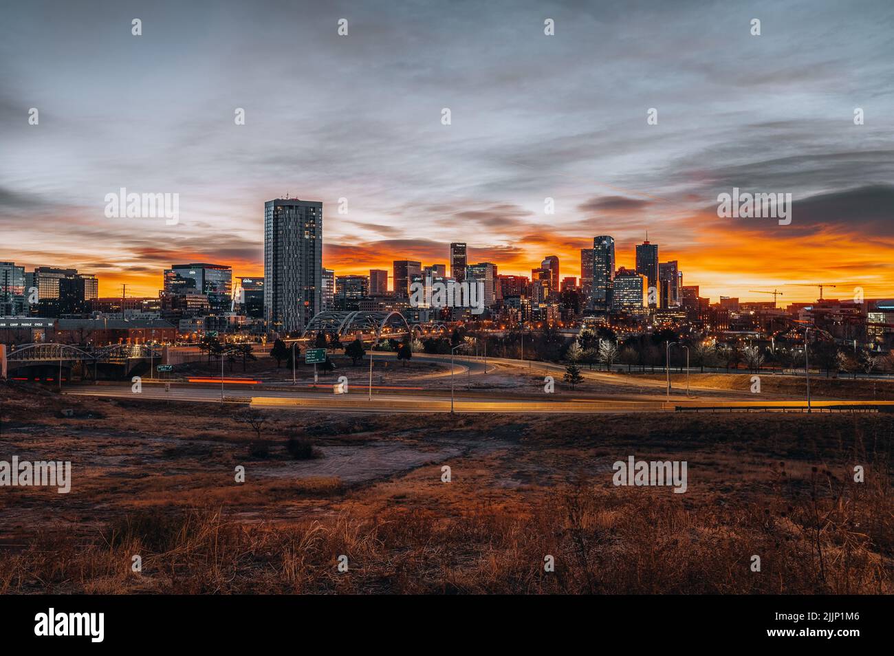shot of Denver sunrise city skyline photo. Burning sky Stock Photo - Alamy