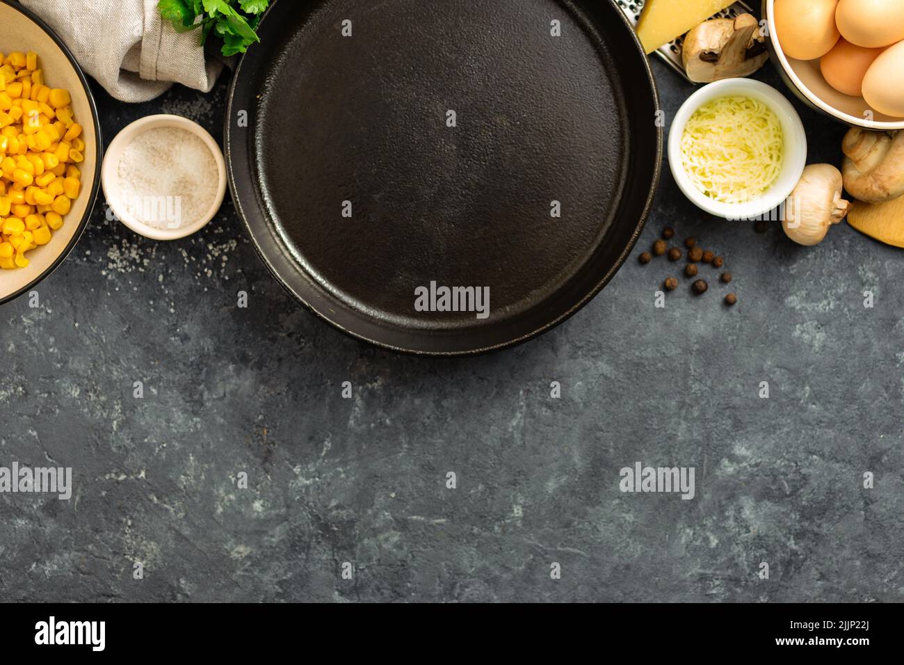 Empty cooking pan and ingredient for cooking healthy food top view ...