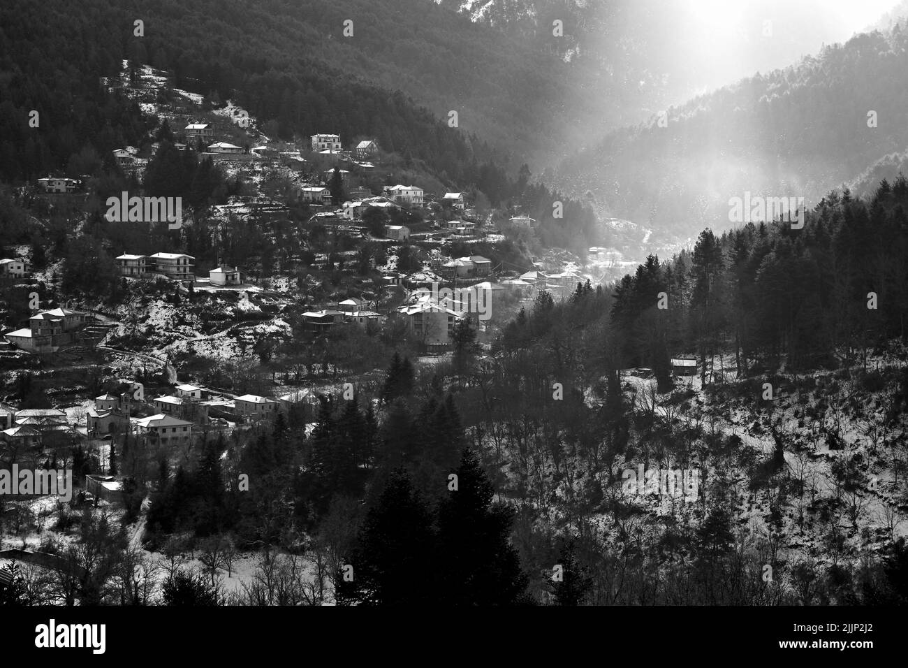 An aerial view of Zarouchla - a mountain village covered in snow in ...