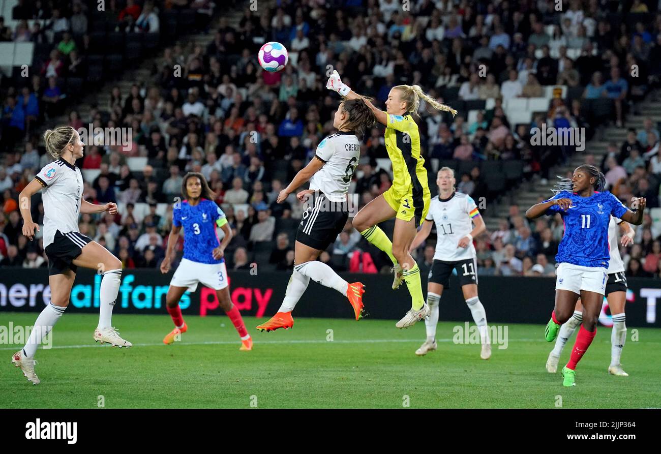 Germany goalkeeper Merle Frohms punches clear during the UEFA Women's Euro 2022 semi-final match ...