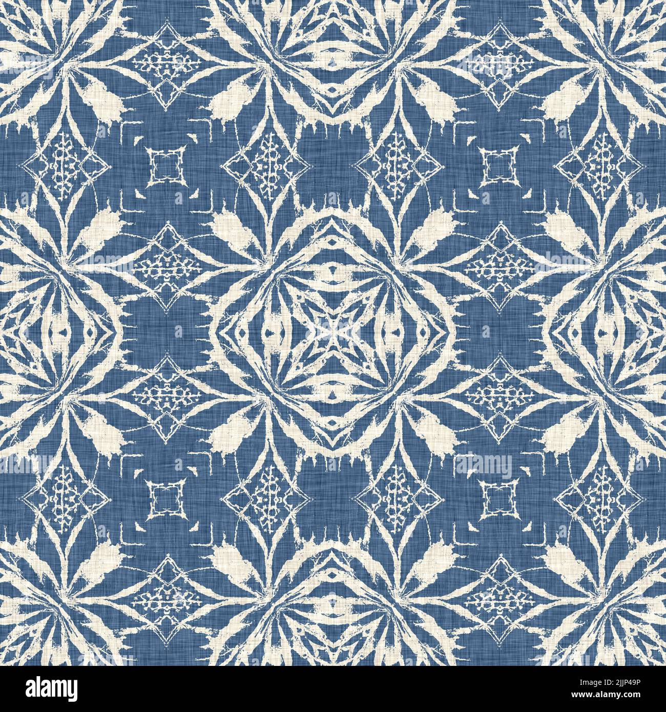Farmhouse blue snow flake pattern background. Frosty batik damask ...