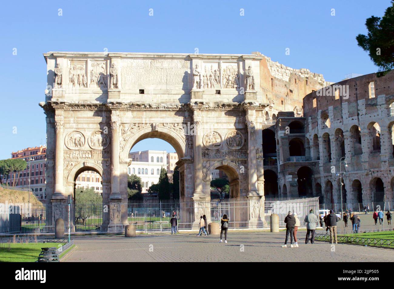 A distant view of the historical Arch of Constantine and part of the ...