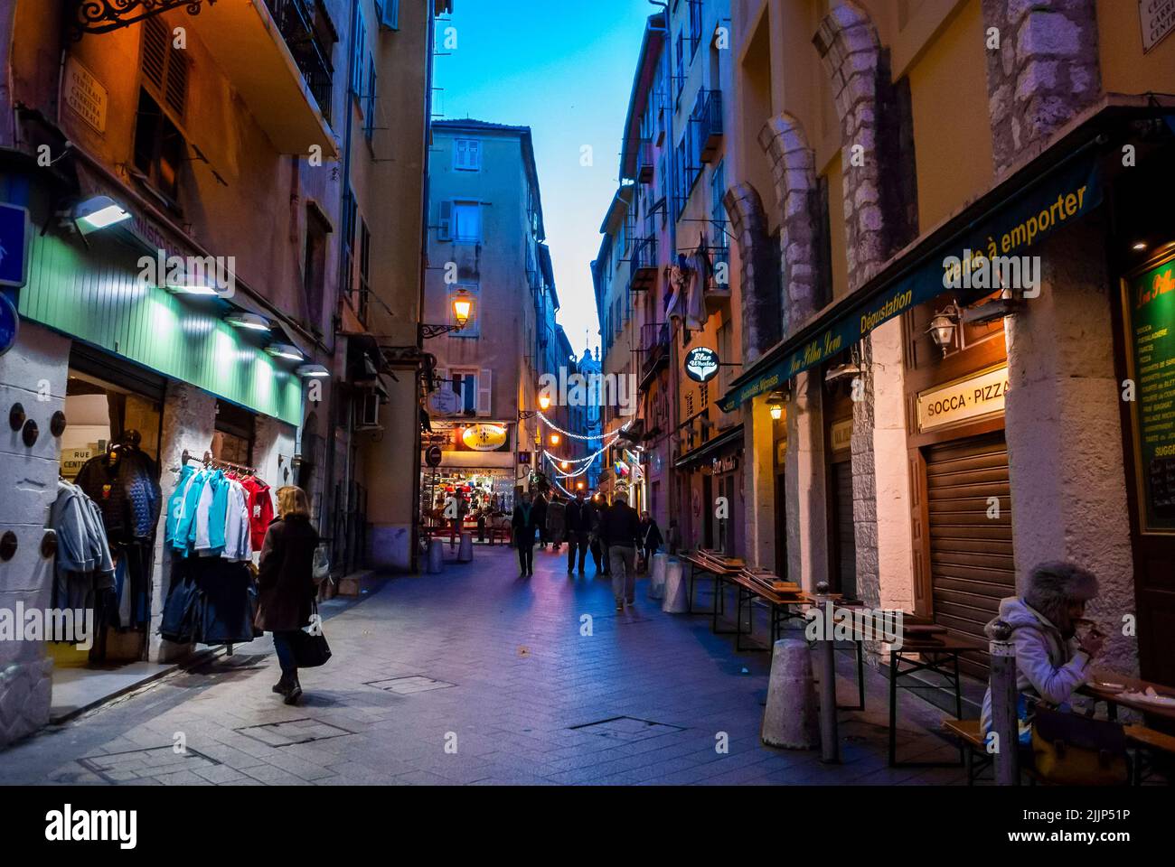 Nice, France, Street Scene, People Walking in Old Town Center at Night ...