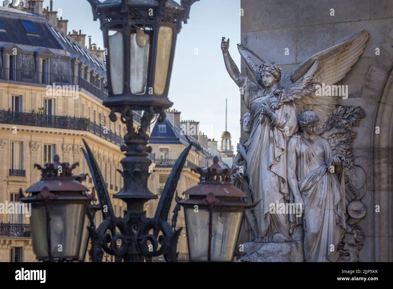 Parisian architecture, algel and street light near opera, France Stock ...