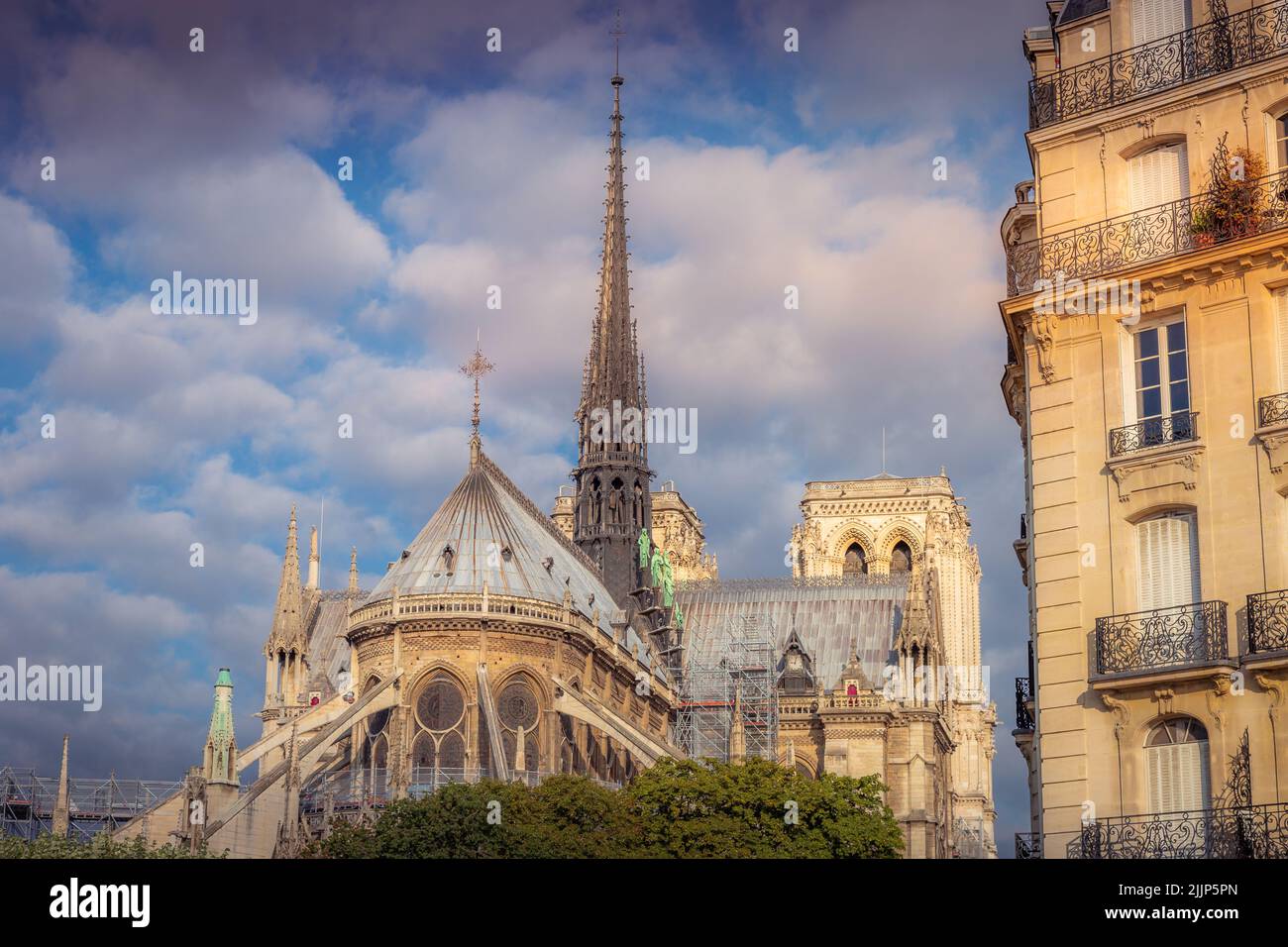 Notre Dame of Paris spire, columns and archs, back view, France Stock ...