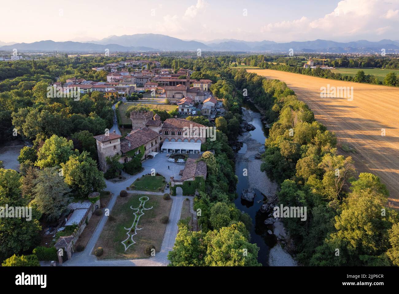 Aerial view of Marne Castle and villagescape, Filago, Bergamo, Italy ...
