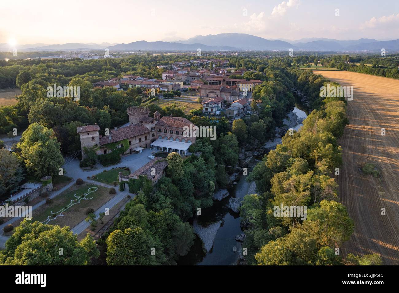 Aerial view of Marne Castle and villagescape, Filago, Bergamo, Italy ...