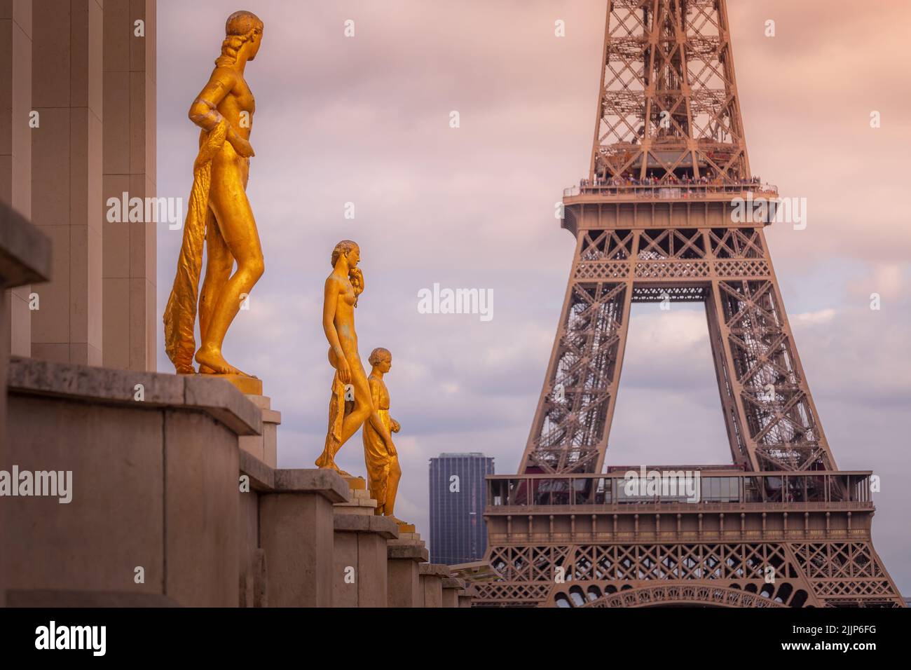 Eiffel tower from Trocadero with golden statues, Paris, France Stock ... Eiffel tower from Trocadero with golden statues, Paris, France Stock ...