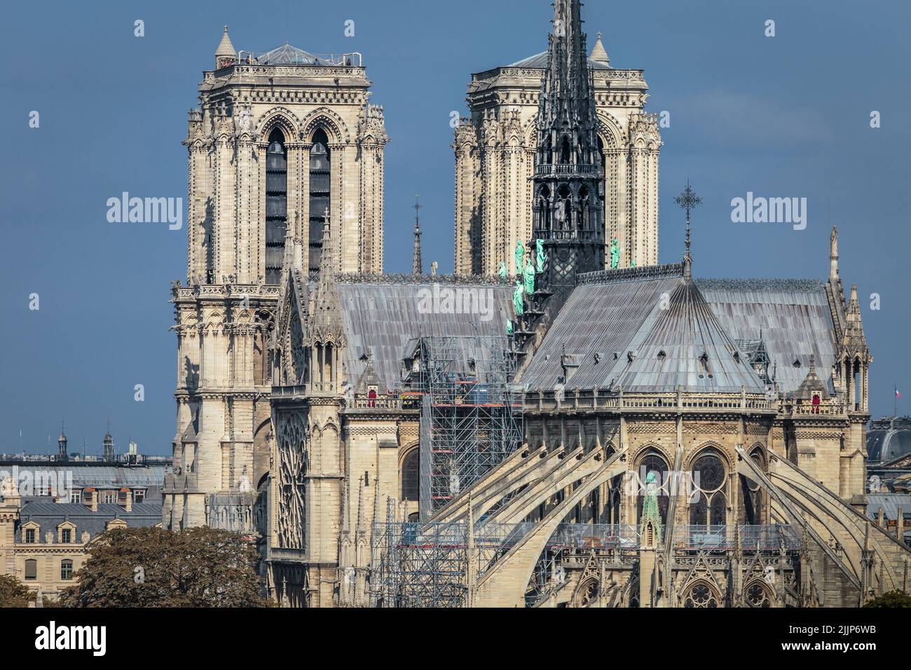 Notre Dame of Paris spire, columns and archs, back view, France Stock ...