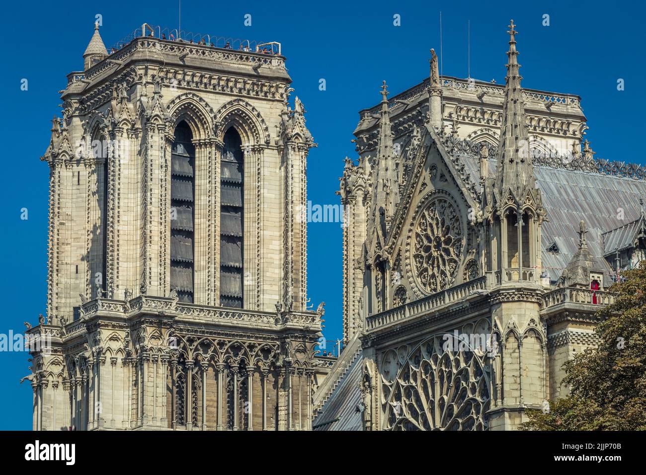 Notre Dame of Paris towers, columns and archs, side view, France Stock ...