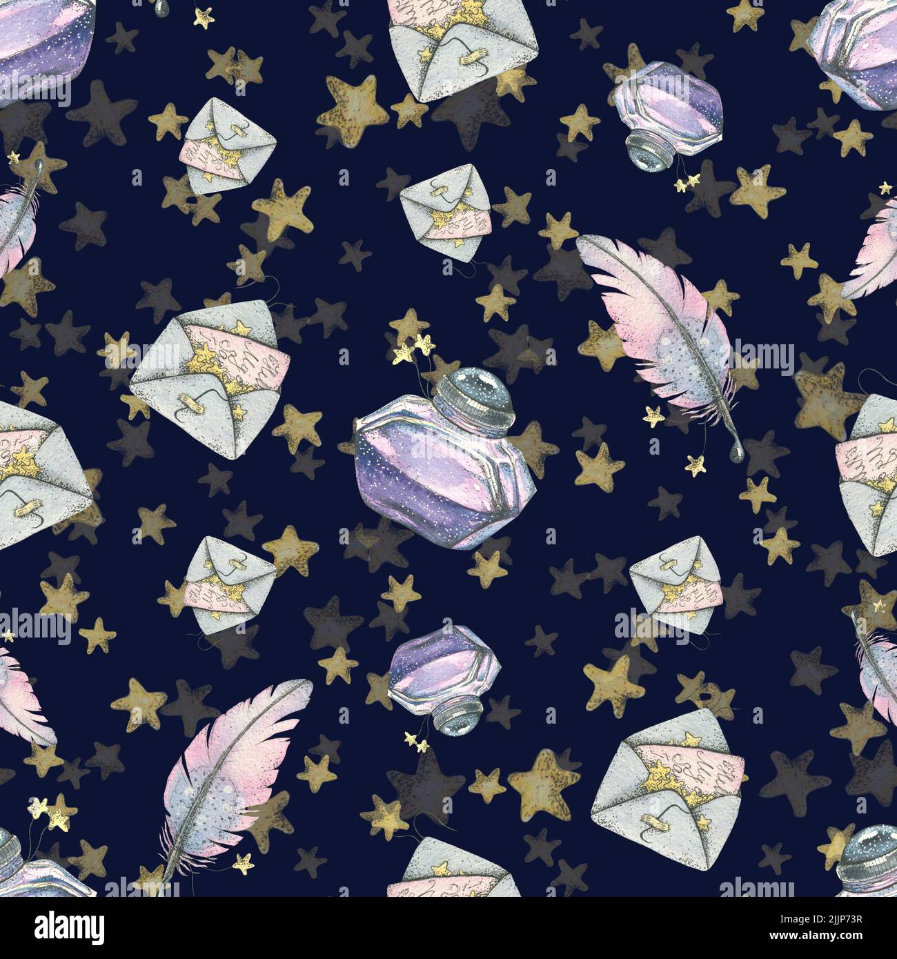 Magic letters with pen and ink in a bottle on a dark background with ...