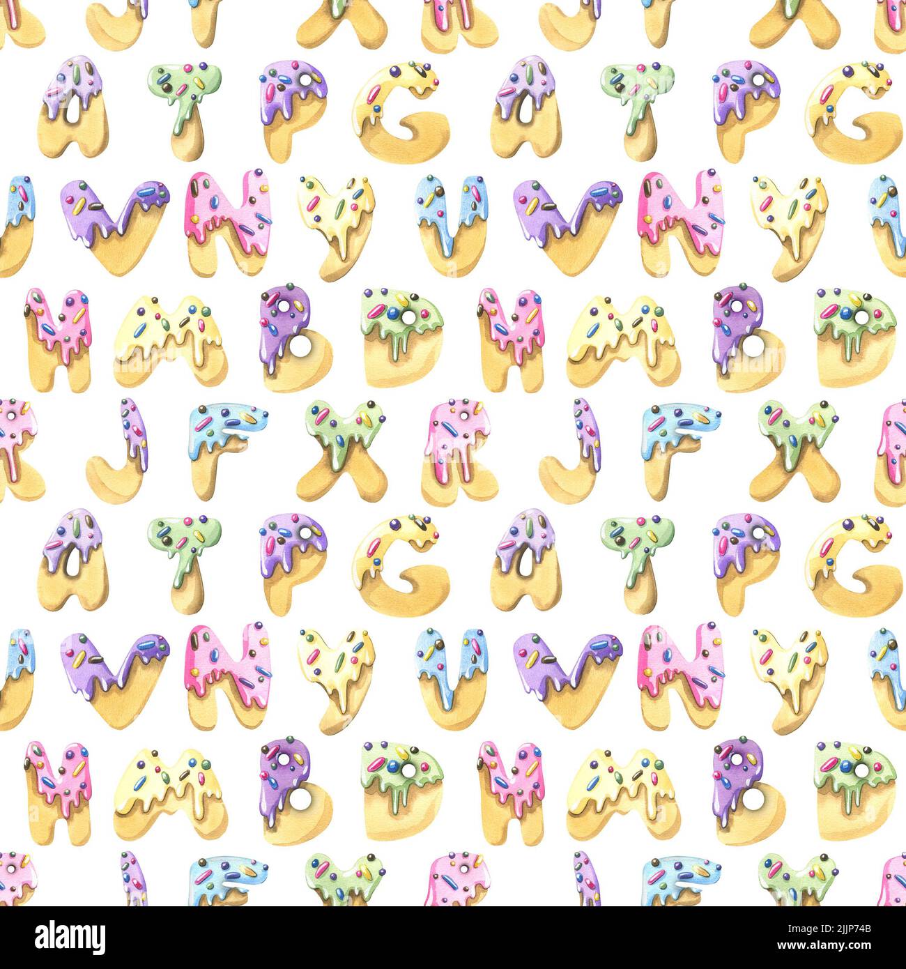 Sweet cookie letters in icing with confectionery sprinkles. Watercolor ...