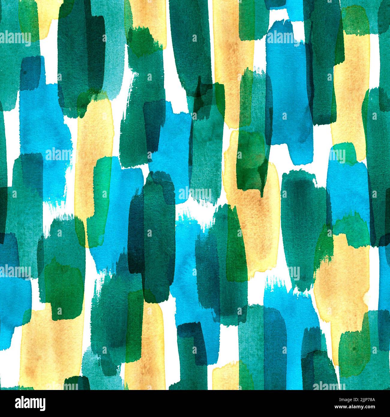 Watercolor spots and brush strokes of turquoise, blue and ochre colors ...