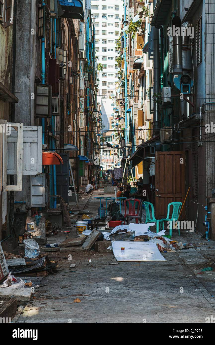 A vertical shot of backstreet alley in Yangon, Myanmar, South East Asia ...