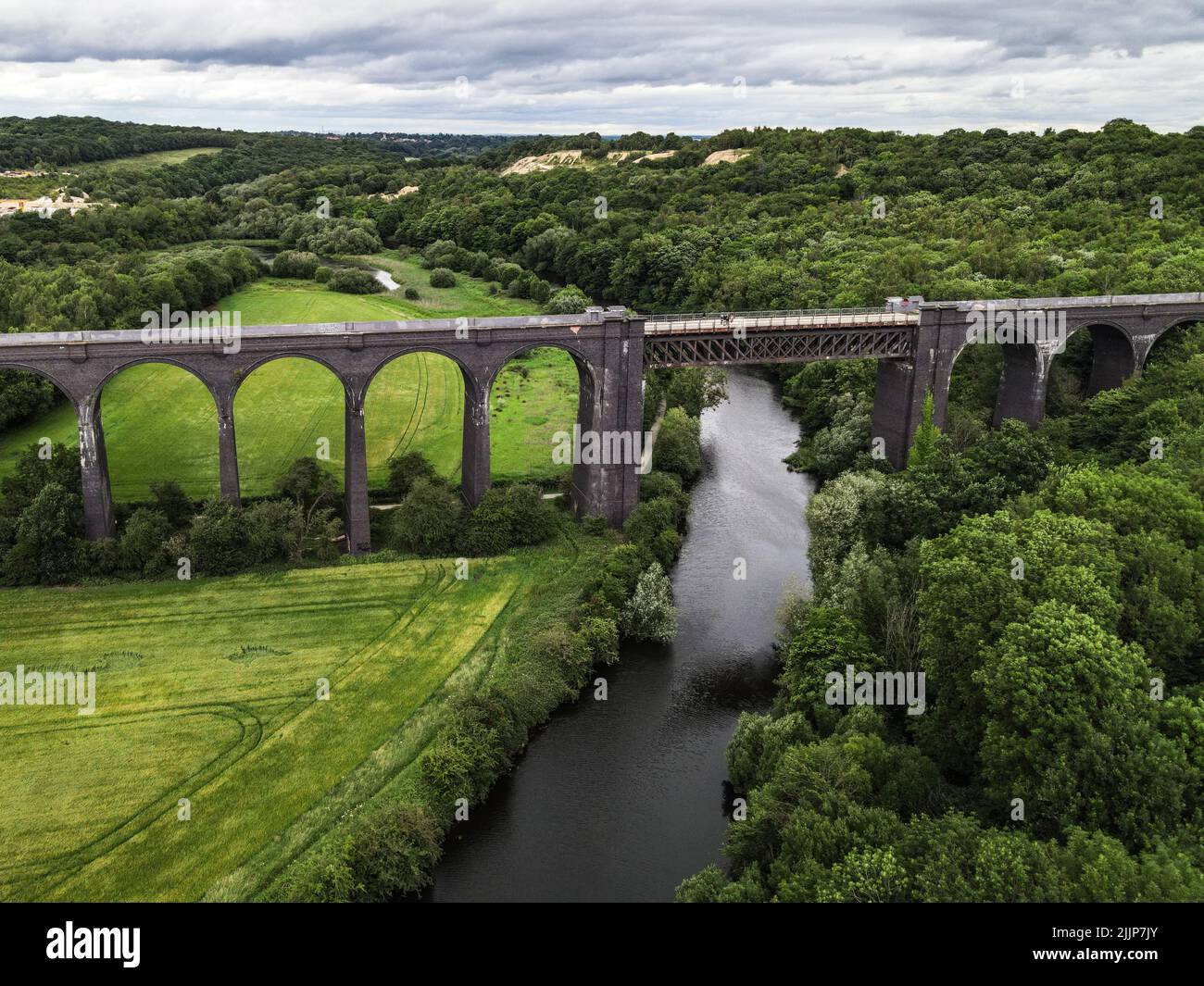 An aerial shot of railway Conisbrough Viaduct over the river Don ...