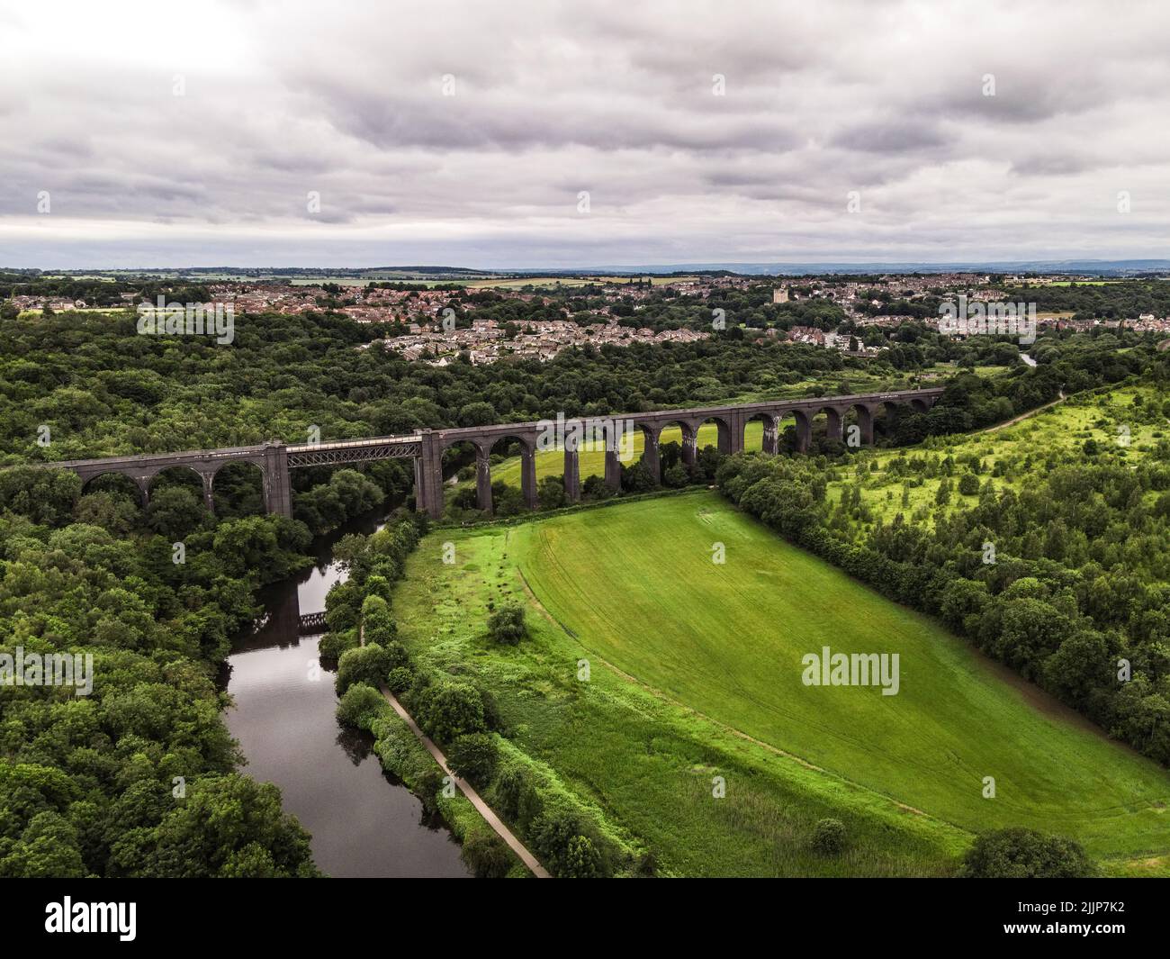 An aerial shot of railway Conisbrough Viaduct over the river Don ...