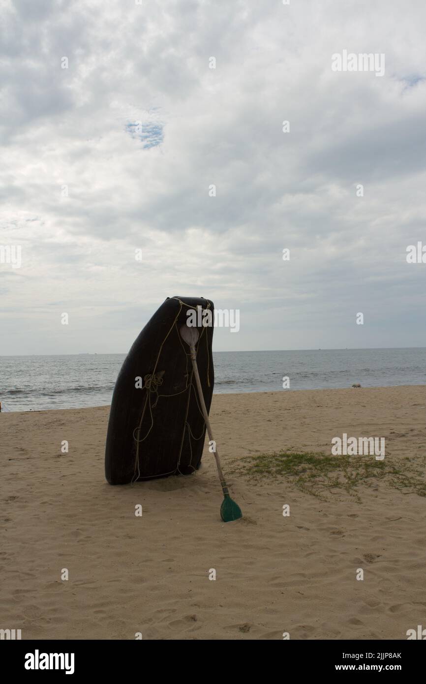 A vertical shot of the thermocol boat positioned upright with a paddle ...