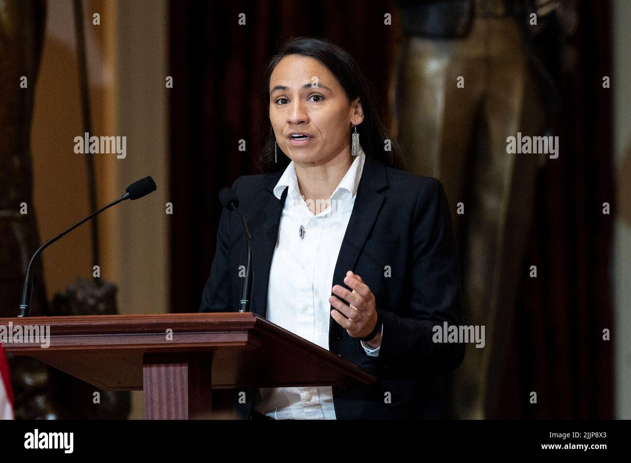 U.S. Representative Sharice Davids (D-KS) speaking at the dedication of ...