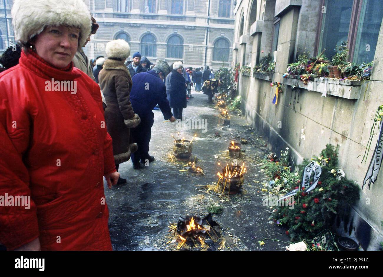 Bucharest, Romania, January 1990. Candles are burning for the victims ...