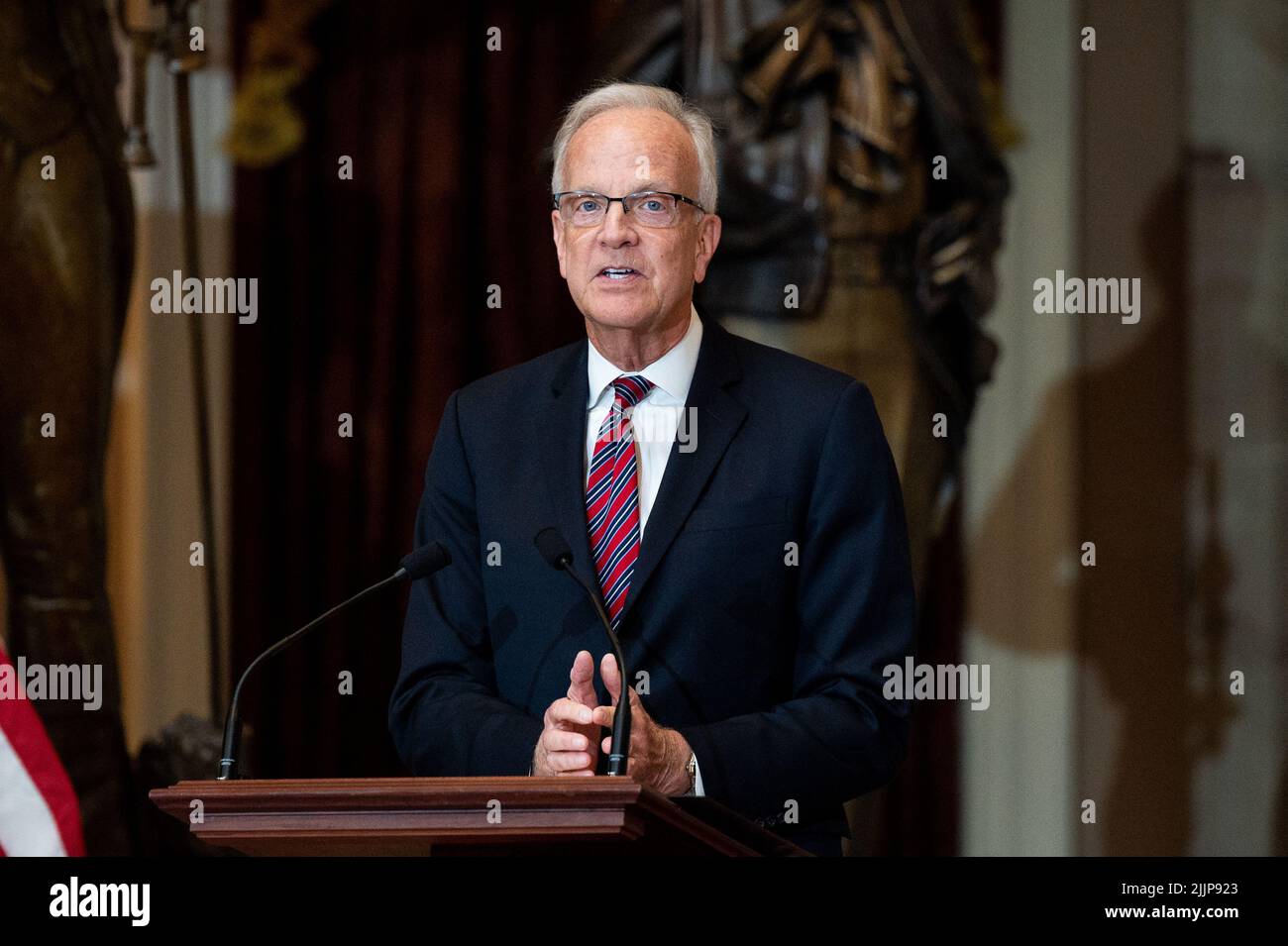 U.S. Senator Jerry Moran (R-KS) speaking at the dedication of a statue ...