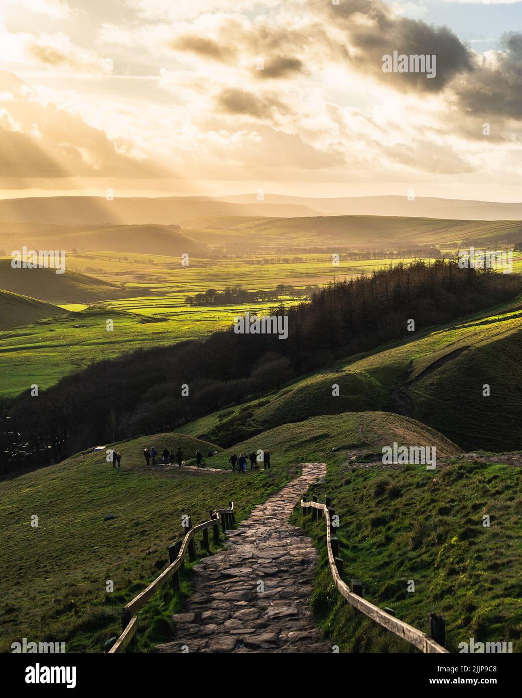 Golden hour and sunrise over Mam Tor in the Peak District National Park ...