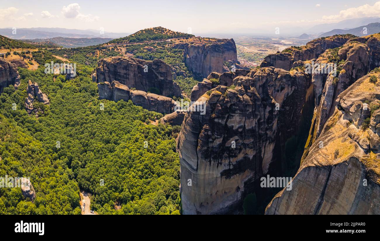 Drone panorama of famous rock formation near the city of Kalambaka ...