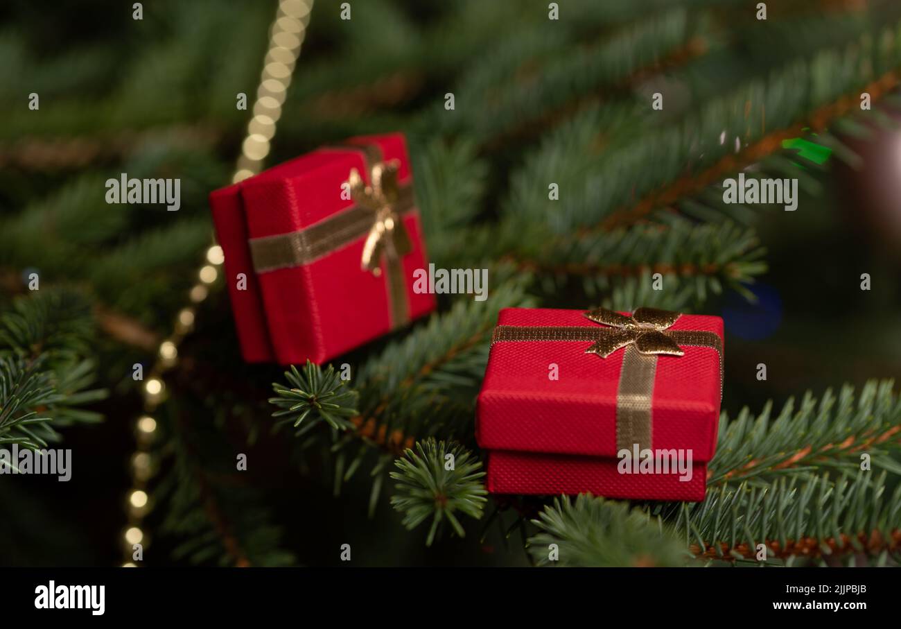 Small gift boxes with bows. Christmas tree decorations. Christmas Eve ...