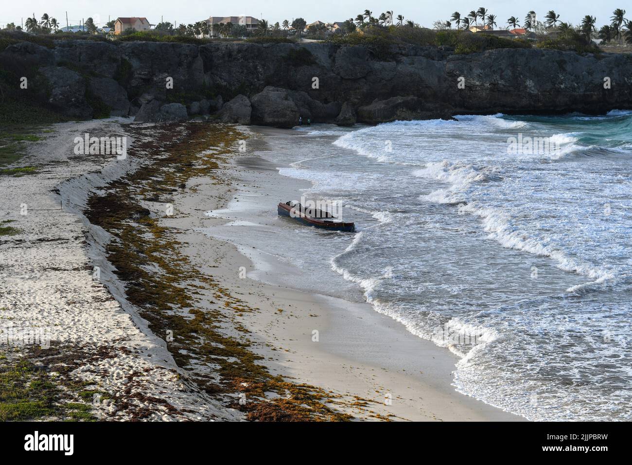 a bird's eye view of a sandy beach and sea waves against rocky cliff in ...