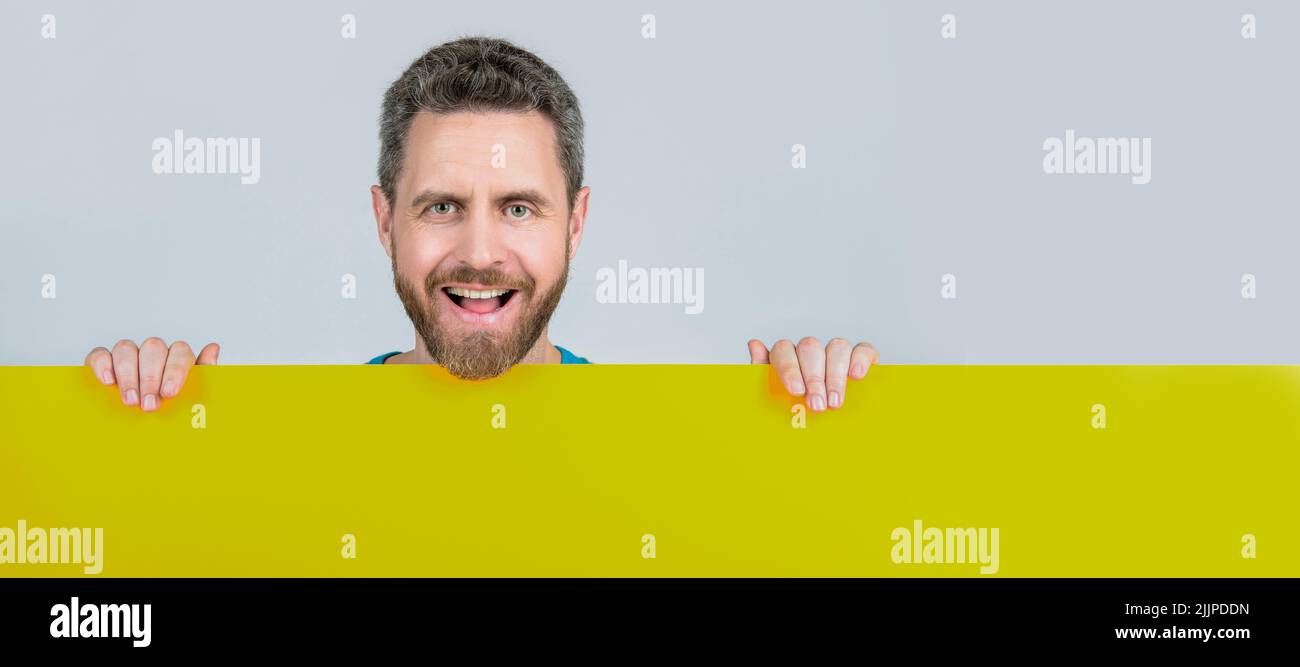 Man face portrait, banner with copy space. guy advertising ...